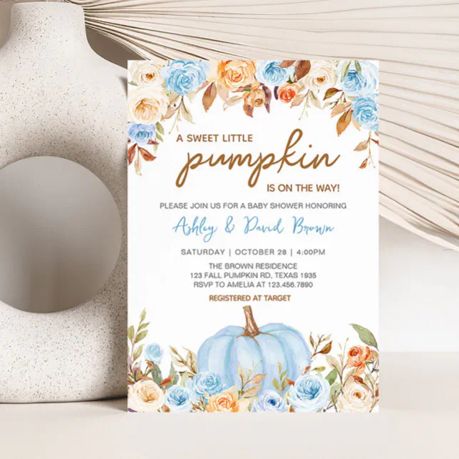 Blue Floral Fall Pumpkin Baby Shower Invitation | Zazzle