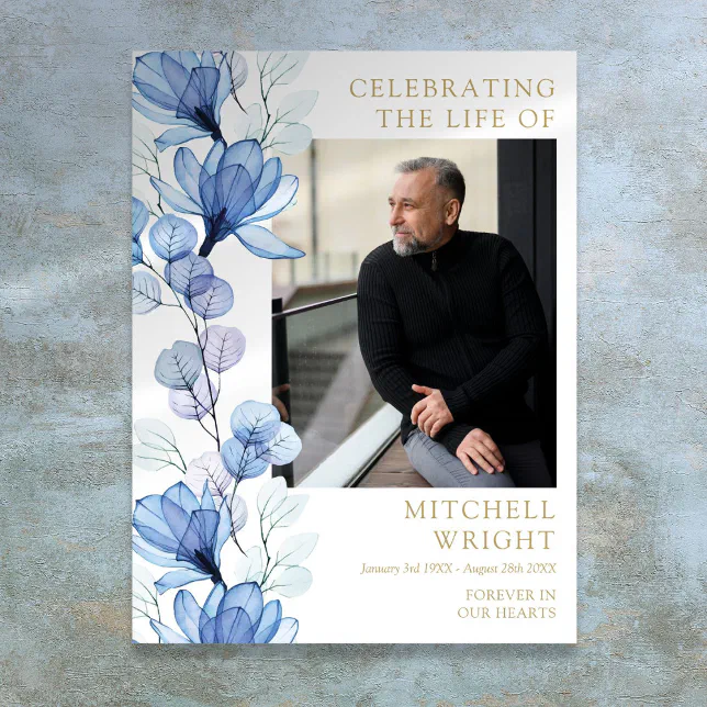 Blue Floral Funeral Celebration Of Life Photo Sign | Zazzle