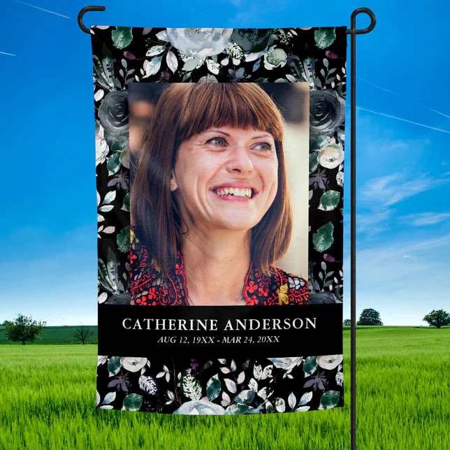 Blue Floral Funeral Memorial Photo Garden Flag | Zazzle