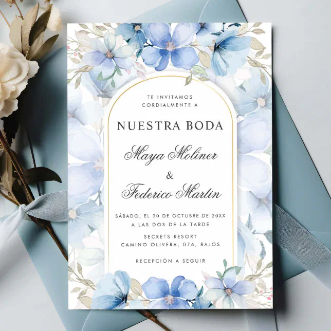 Blue Floral Garden Nuestra Boda Spanish Wedding Invitation | Zazzle