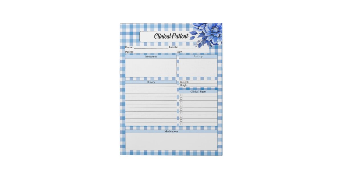 Blue Floral Gingham _ Clinical Patient Notepad | Zazzle
