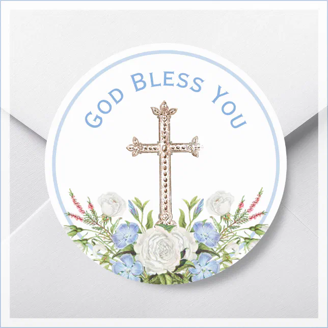 Blue Floral God Bless You Religious Classic Round Sticker | Zazzle