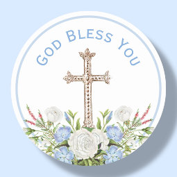 Blue Floral God Bless You Religious Classic Round Sticker | Zazzle