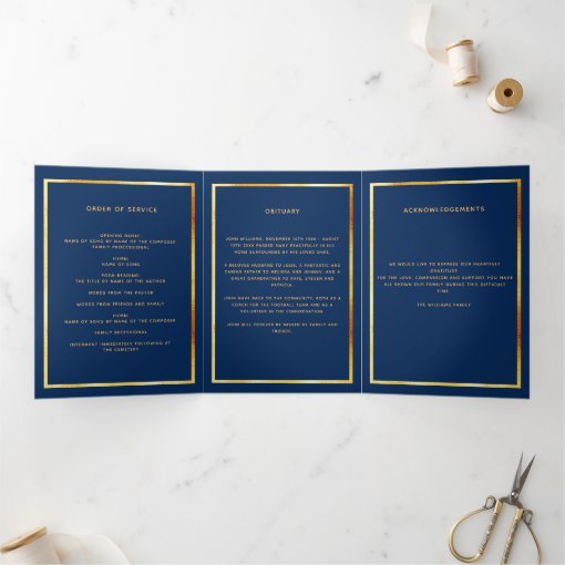 Blue floral gold photo tri-fold funeral program | Zazzle