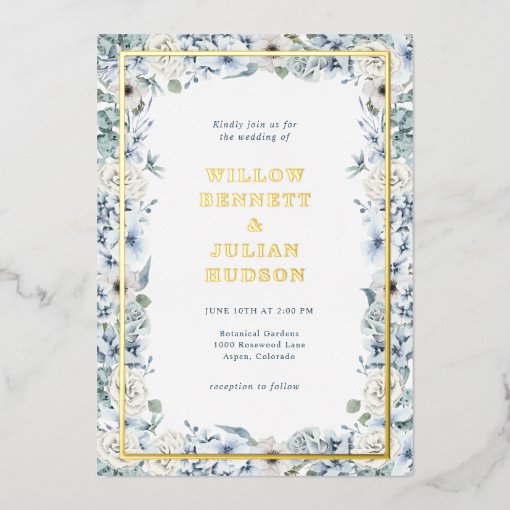 Blue Floral Gold Wedding Foil Invitation | Zazzle
