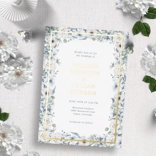 Blue Floral Gold Wedding Foil Invitation | Zazzle