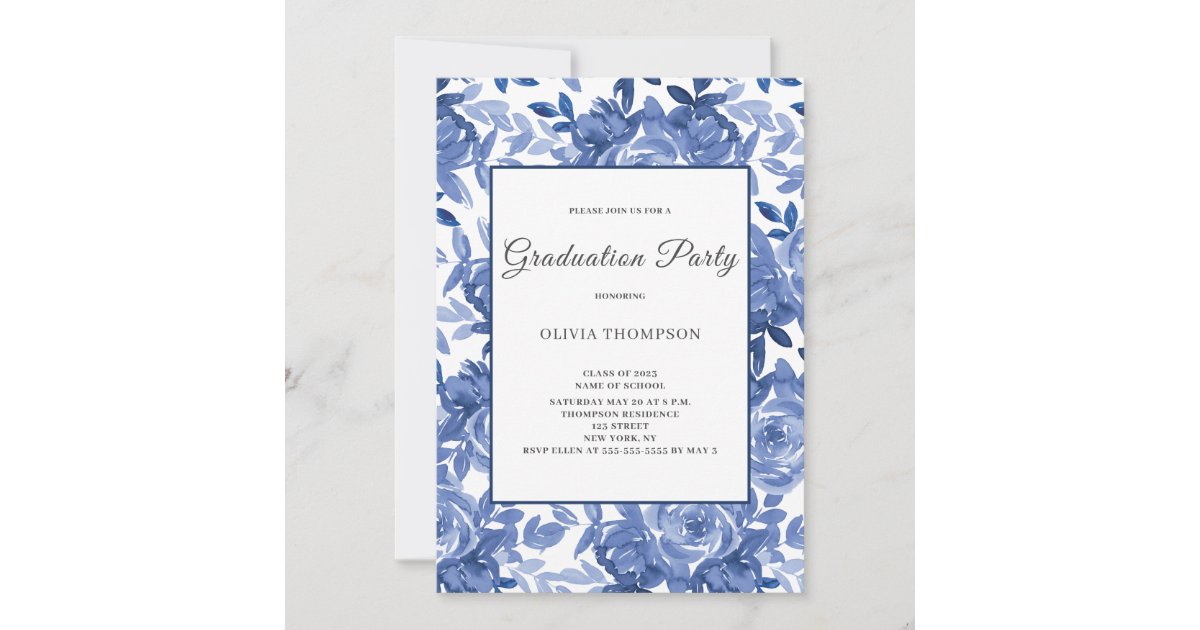 Blue Floral Graduation Party Invitation | Zazzle