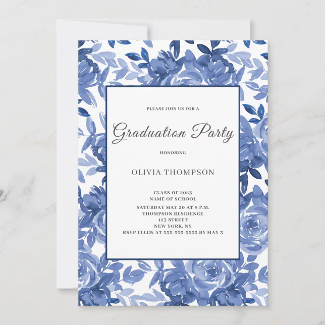 Blue Floral Graduation Party Invitation | Zazzle