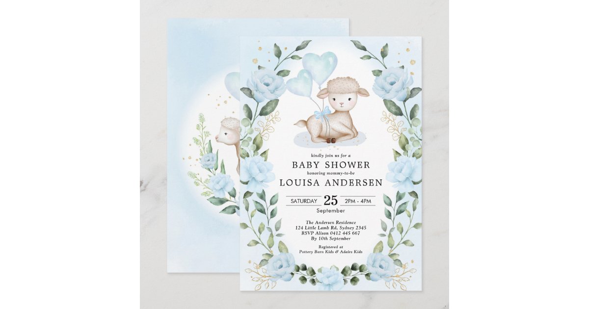 Blue Floral Greenery Little Lamb Baby Sheep Shower Invitation | Zazzle