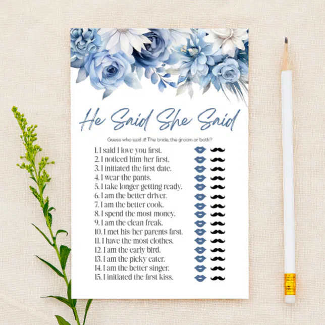 Blue Floral He Said She Said Bridal Shower Game Stationery | Zazzle