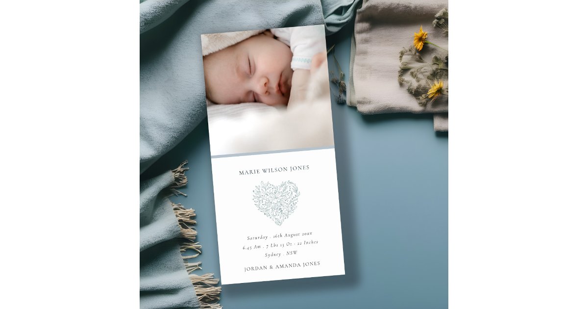 Blue Floral Heart Photo Baby Birth Announcement | Zazzle