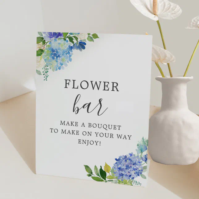 Blue Floral Hydrangea Flower Bar Pedestal Sign | Zazzle
