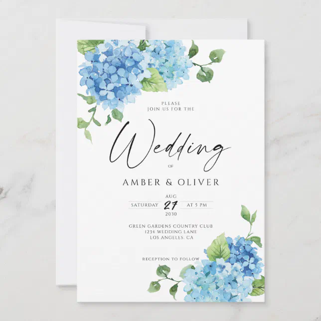 Blue Floral Hydrangeas Elegant Dusty Blue Wedding Invitation | Zazzle