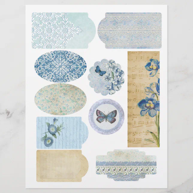 Blue Floral & Lace Scrapbook Embellishment Sheet | Zazzle