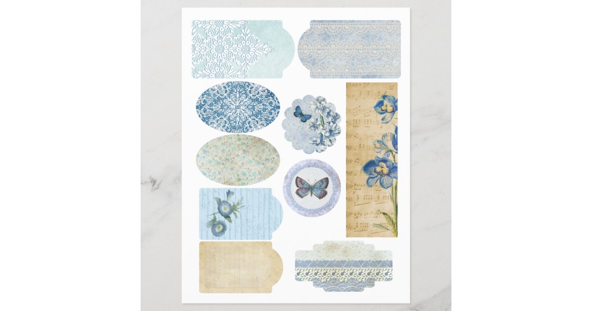 Blue Floral & Lace Scrapbook Embellishment Sheet | Zazzle