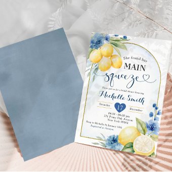 Blue floral Lemon Main Squeeze Bridal shower Invitation | Zazzle