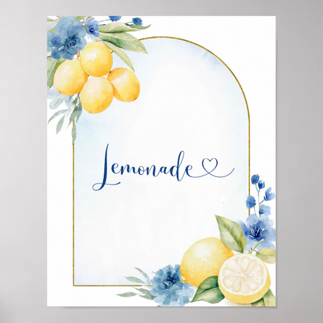 Blue Floral Lemon Main Squeeze Lemonade Poster | Zazzle