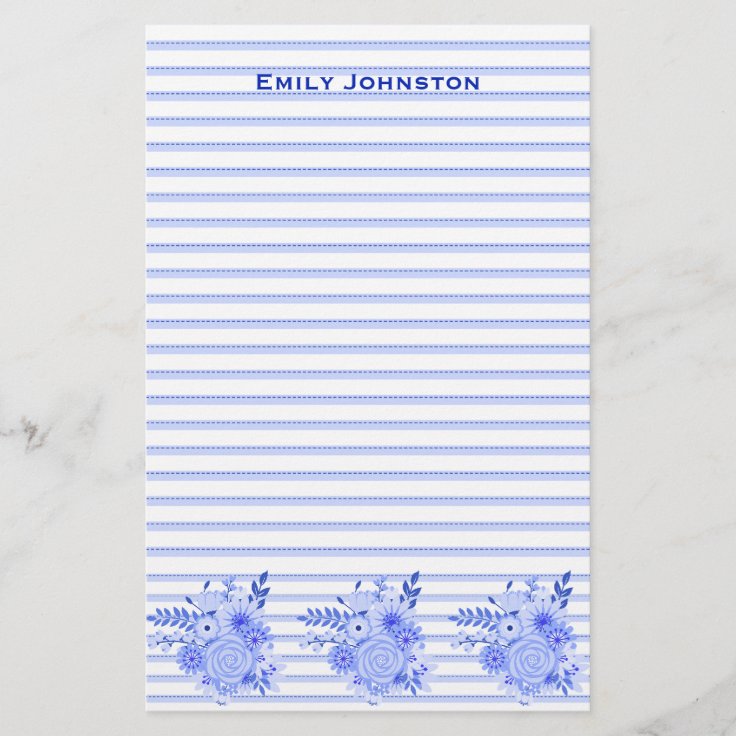Blue Floral Lined Custom Stationery | Zazzle