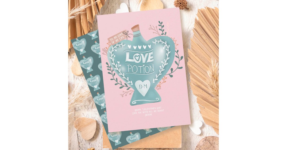 Blue floral love potion bottle Valentine day pink Holiday Card | Zazzle