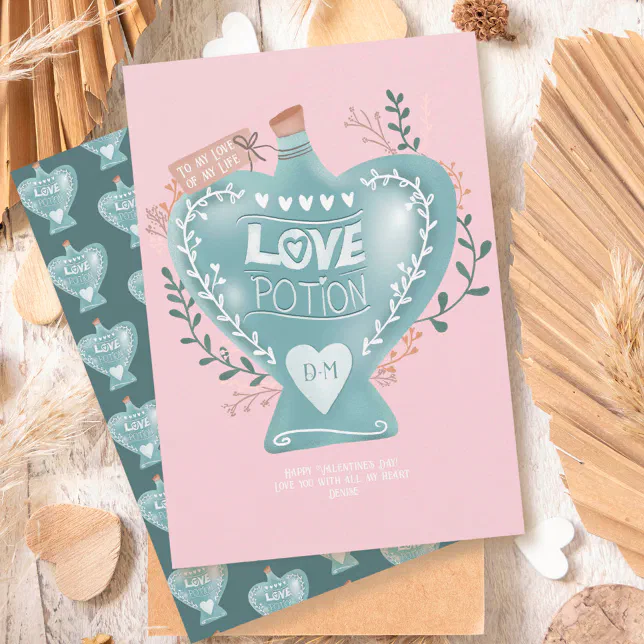 Blue floral love potion bottle Valentine day pink Holiday Card | Zazzle