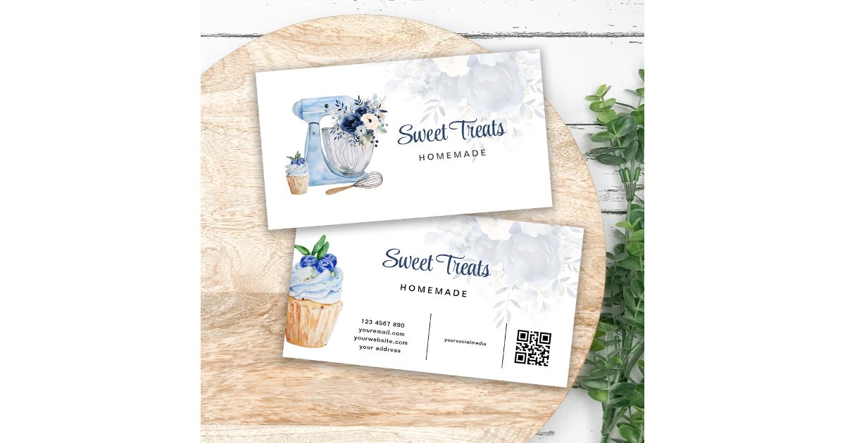 Blue Floral Mixer QR-Code Business Card | Zazzle
