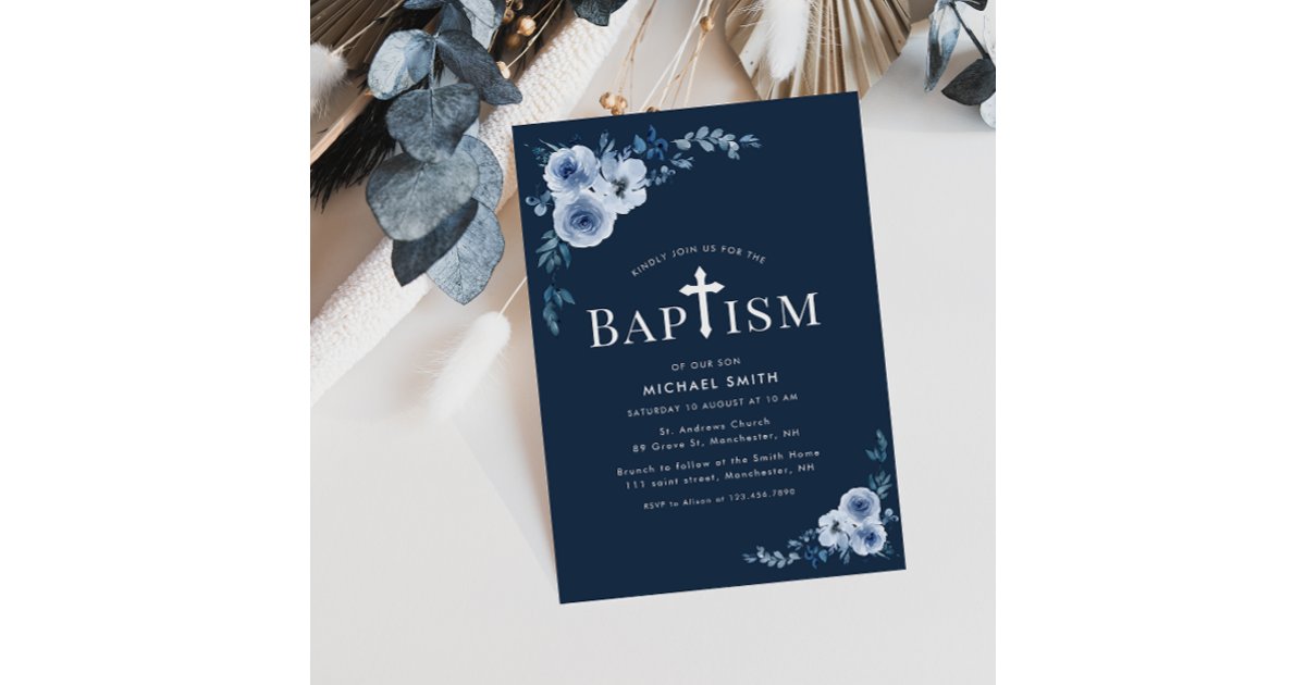 blue floral modern baptism invitation | Zazzle