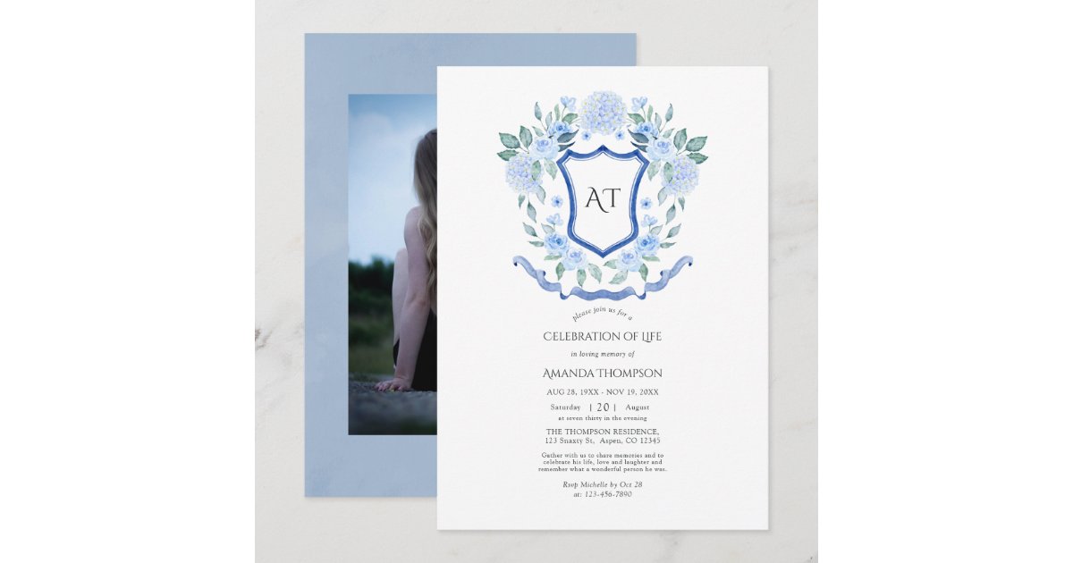Blue Floral Monogram Crest Celebration of Life Invitation | Zazzle
