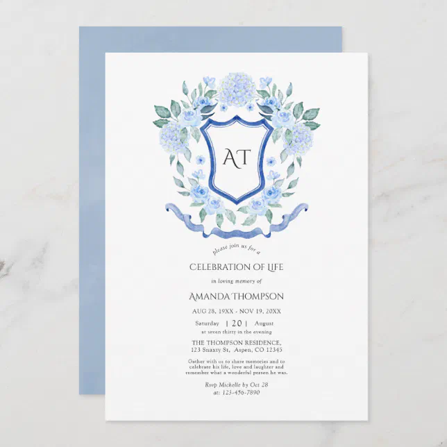 Blue Floral Monogram Crest Celebration of Life Invitation | Zazzle