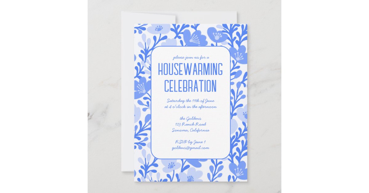 Blue Floral Pattern Custom HOUSEWARMING PARTY Invitation | Zazzle