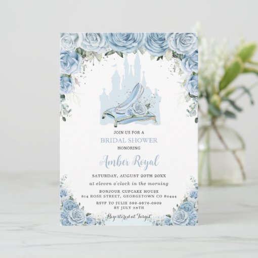 Blue Floral Princess Glass Slipper Bridal Shower Invitation | Zazzle