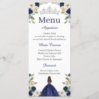 Blue Floral Princess Quinceañera Menu Menu | Zazzle