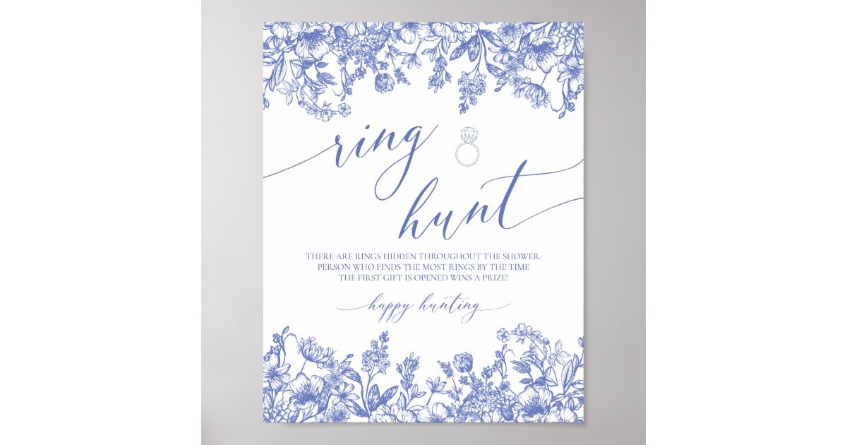 Blue Floral Ring Hunt Bridal Shower Game Sign | Zazzle