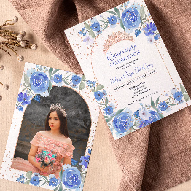 Blue floral Rose gold tiara princess Quinceanera Invitation | Zazzle