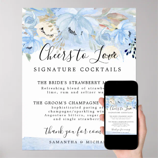 Blue Floral Signature Cocktails Wedding Bar Sign | Zazzle