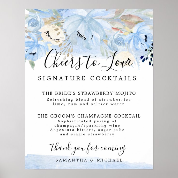 Blue Floral Signature Cocktails Wedding Bar Sign | Zazzle