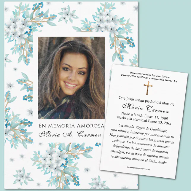 Blue Floral Spanish Funeral Prayer Place Card | Zazzle