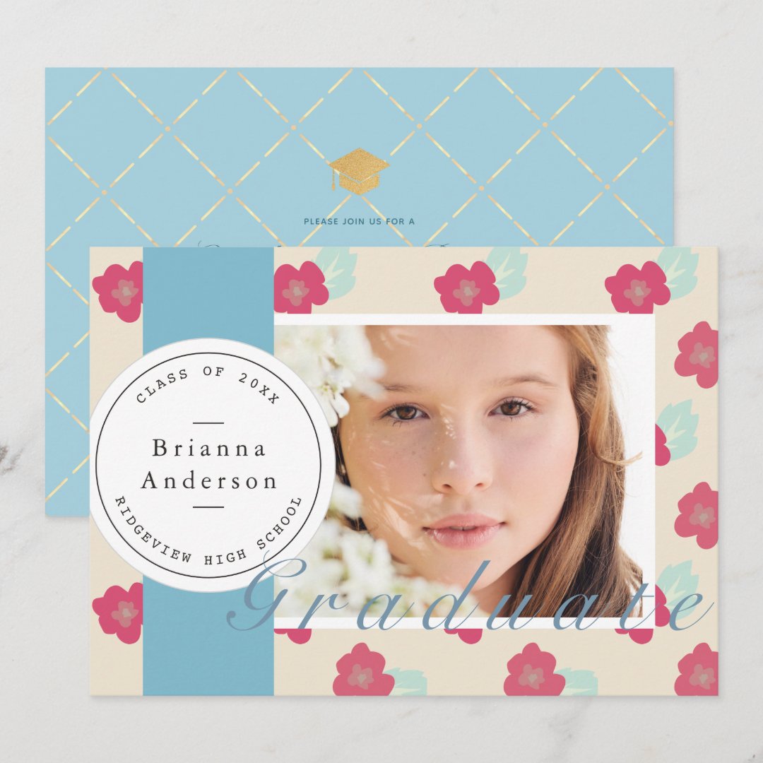Blue Floral Stamp & Ribbon Photo Graduation Invitation | Zazzle