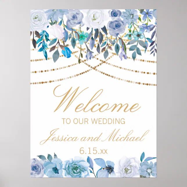 Blue Floral String Lights White Wedding Welcome Poster | Zazzle