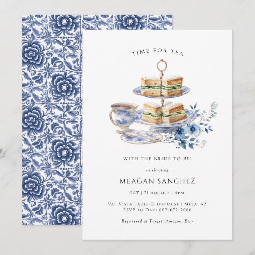 Blue Floral Tea Cup | Tea Sandwiches Bridal Shower Invitation | Zazzle