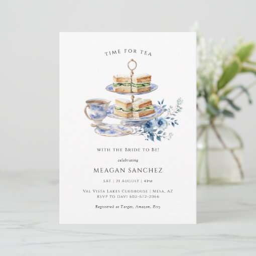 Blue Floral Tea Cup | Tea Sandwiches Bridal Shower Invitation | Zazzle