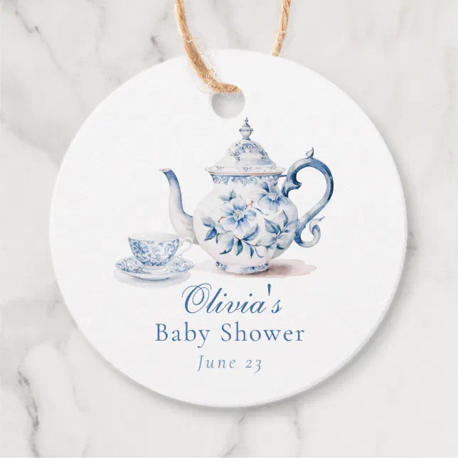 Blue Floral Tea Party Baby Shower Favor Tags | Zazzle