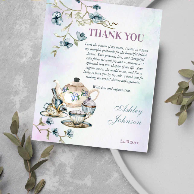 Blue floral tea party bridal shower thank you card | Zazzle