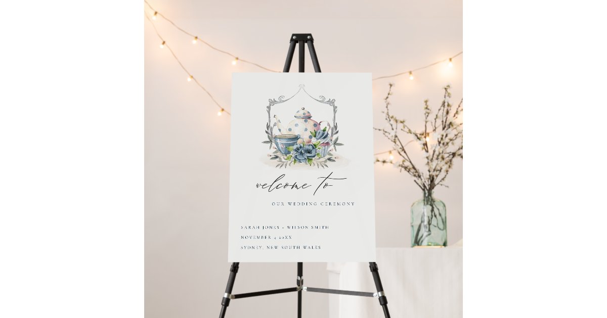 Blue Floral Teapot Tea Cup Crest Wedding Welcome Foam Board | Zazzle