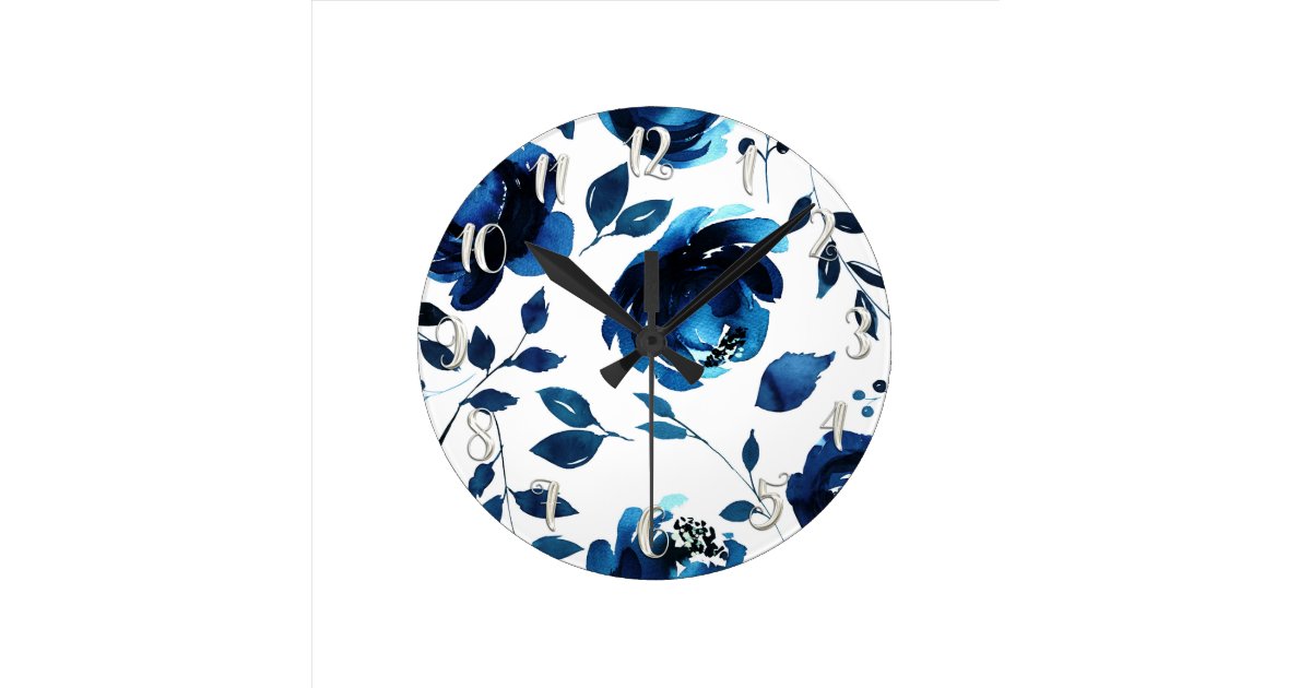Blue Floral Watercolor Flowers Elegant Chic Round Clock | Zazzle.com
