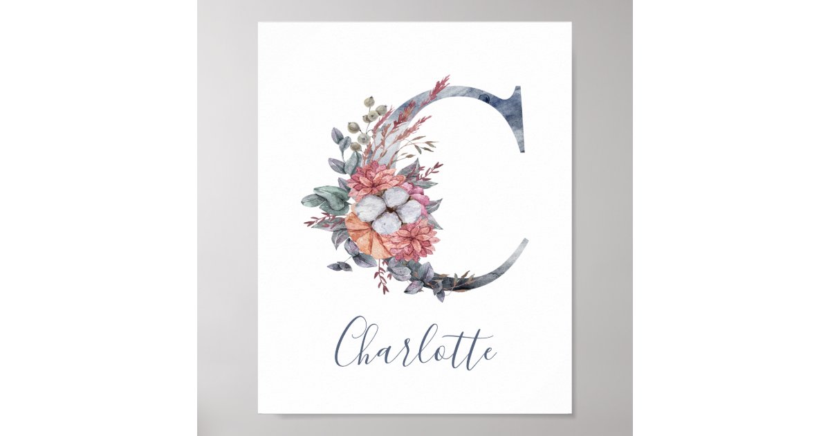 Blue Floral Watercolor Monogram C Last Name Poster | Zazzle