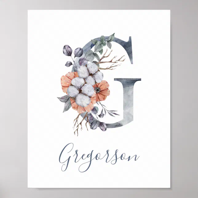 Blue Floral Watercolor Monogram G Last Name Poster | Zazzle