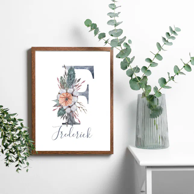 Blue Floral Watercolor Monogram Last Name Poster | Zazzle