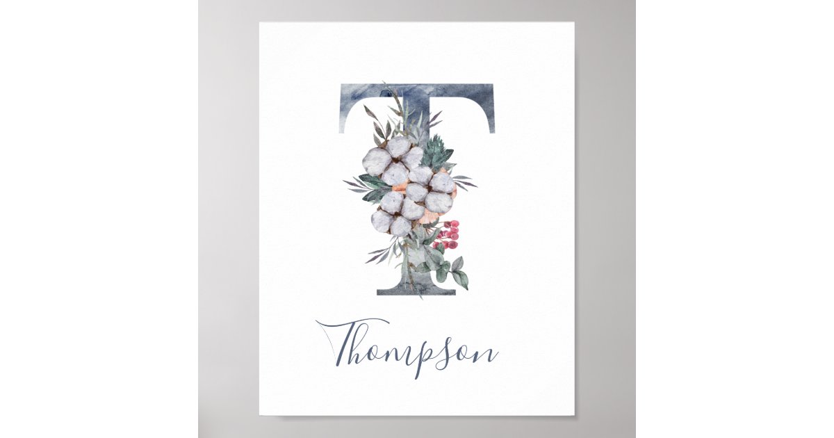 Blue Floral Watercolor Monogram T Last Name Poster | Zazzle