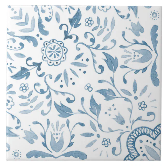 Blue Floral Watercolour Perfect Repeat Tile | Zazzle