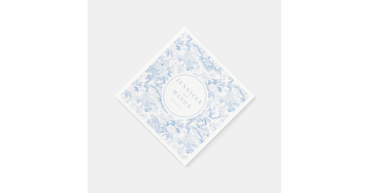 Blue floral wedding monogram paper napkins | Zazzle